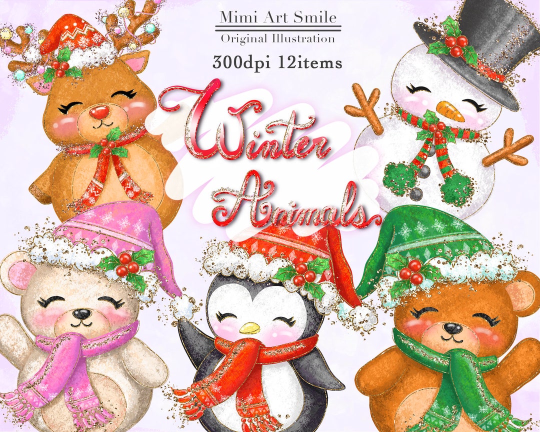 Winter Animals Clipart ,christmas Animal Clip Art Bear Penguin Reindeer ...