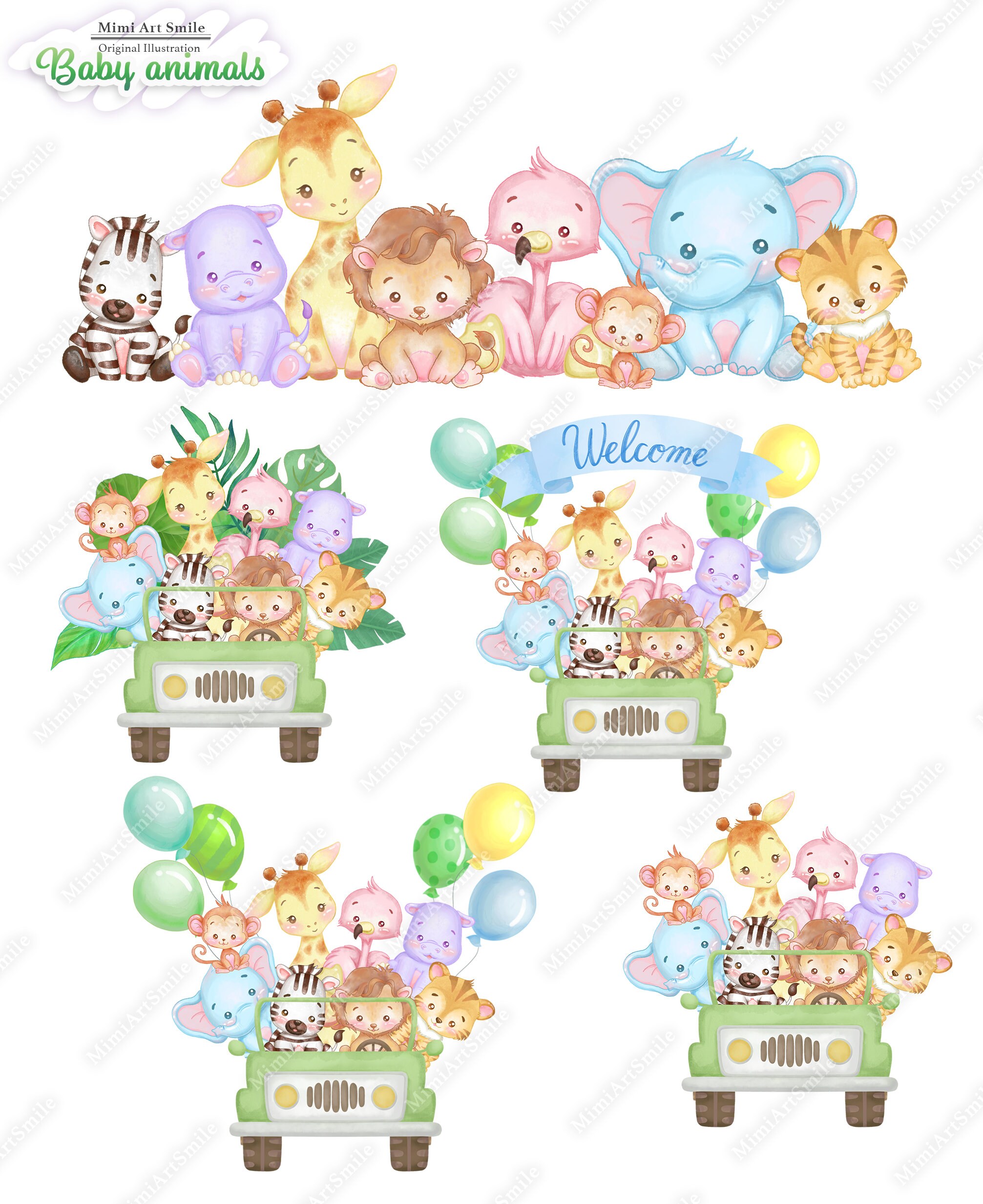 Safari Party Baby Animals Clipart | Jungle, Watercolor, Tiger, Lion ...