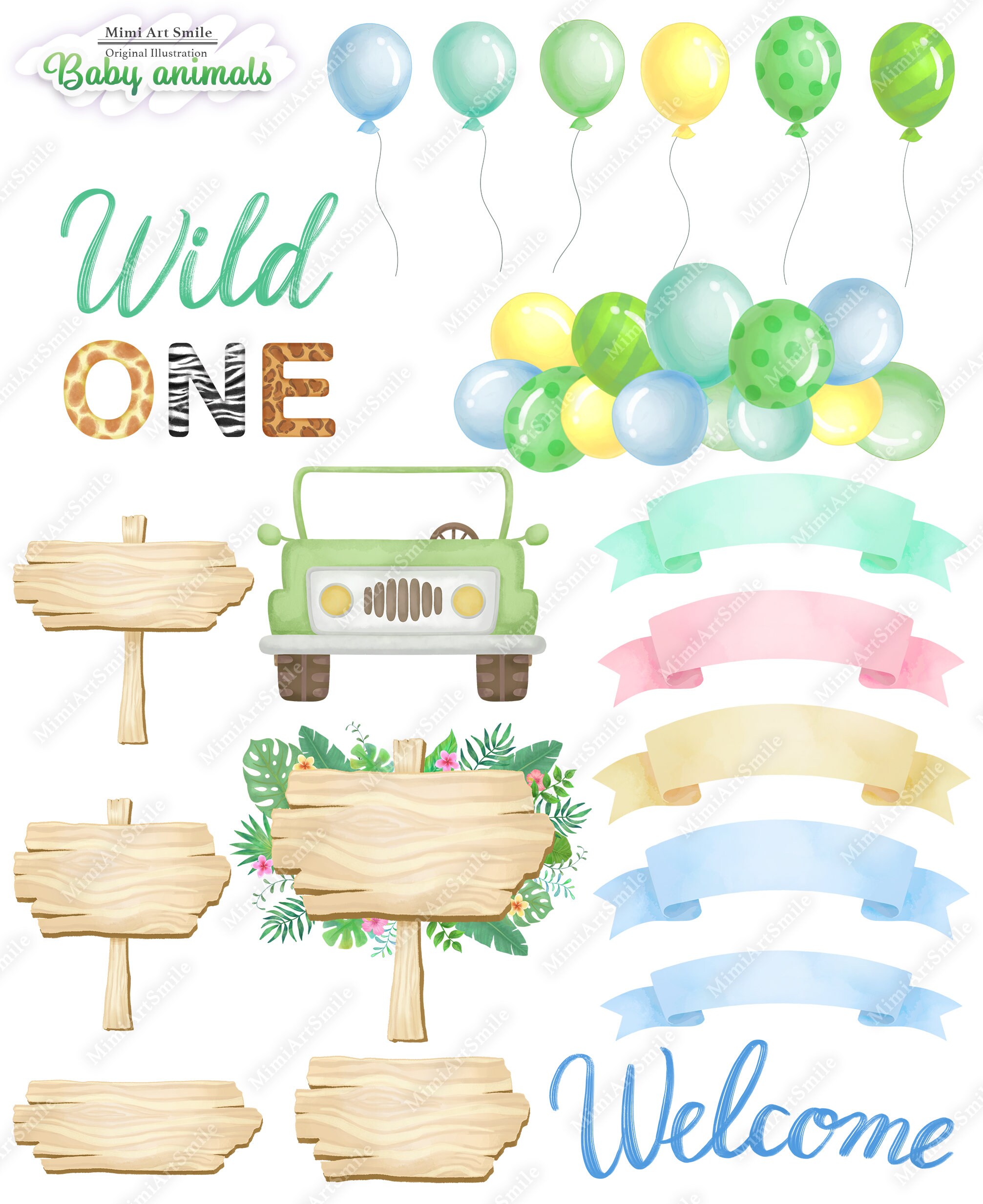 Safari Party Baby Animals Clipart | Jungle, Watercolor, Tiger, Lion ...
