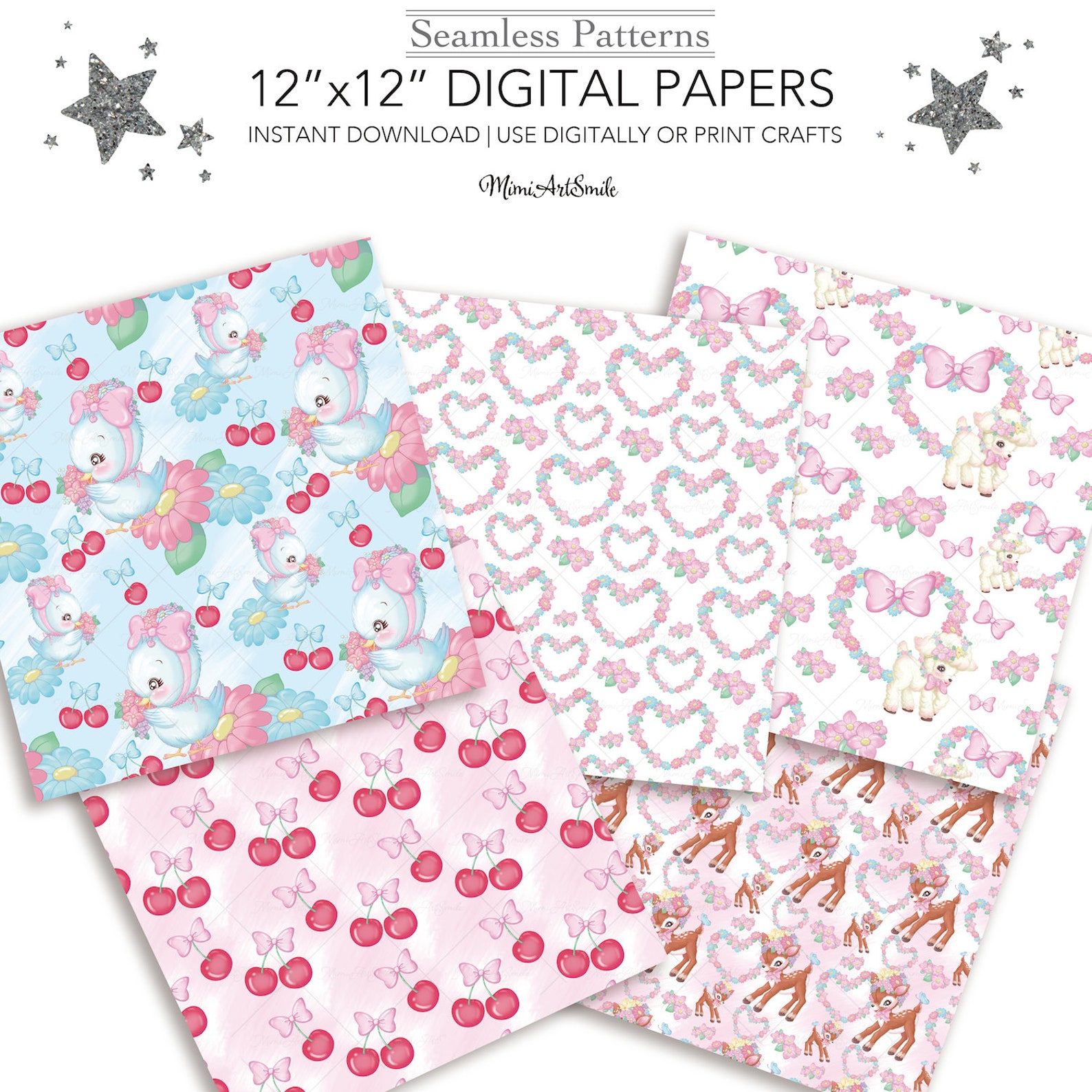 Animal With Cherry Digital Paper,bambi Bird Dog Sheep Rabbit, Cute ...