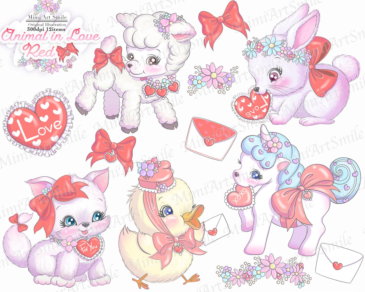 Animal in Love Red Clipart, Cute Clip Art, Valentine's Day Kawaii ...