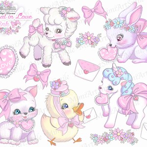 Animal in Love Pink Clipart, Cute Clip Art, Valentine's Day Kawaii ...