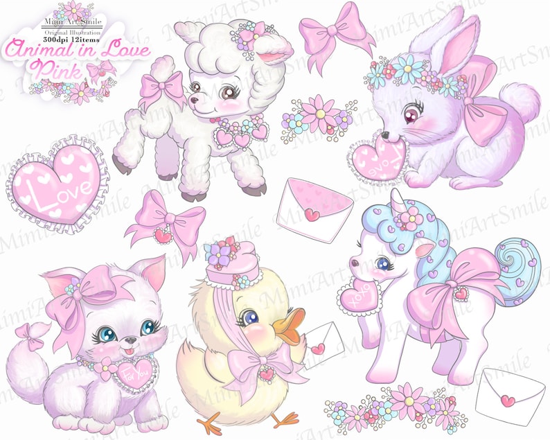 Animal in Love Pink Clipart, Cute Clip Art, Valentine's Day Kawaii ...