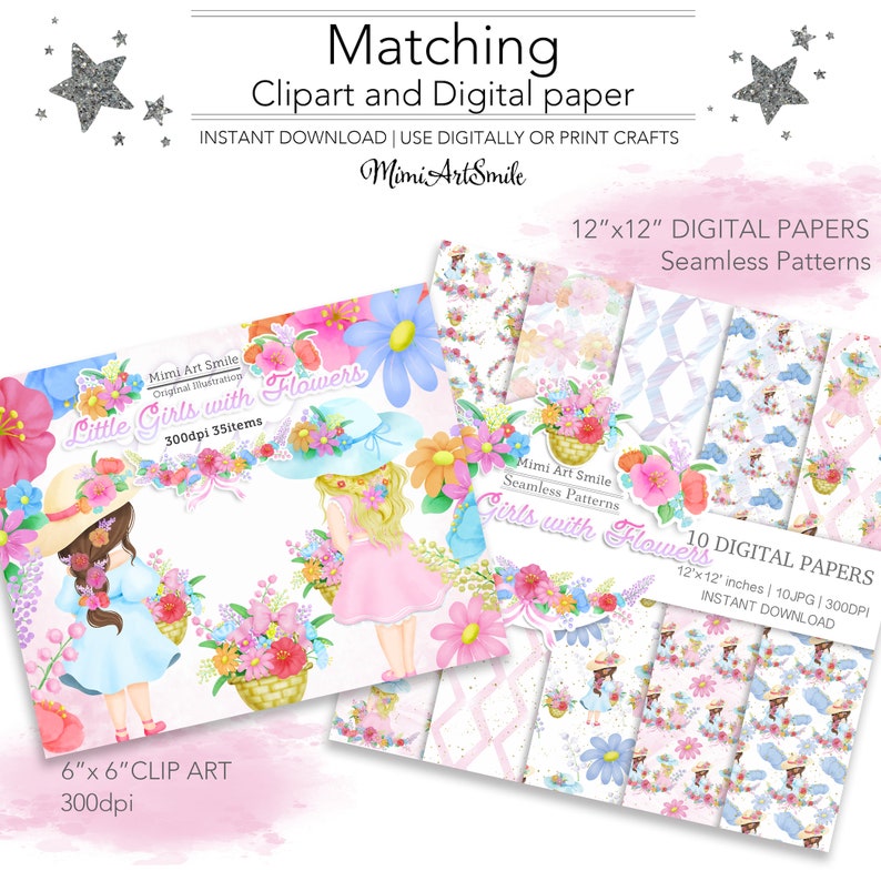 Little Girls With Flowers Clipart Watercolor Clip Artflower - Etsy