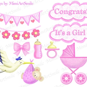 Baby Girl Clipart, Baby Shower Clip Art, Teddy Bear, Stroller, It's a ...