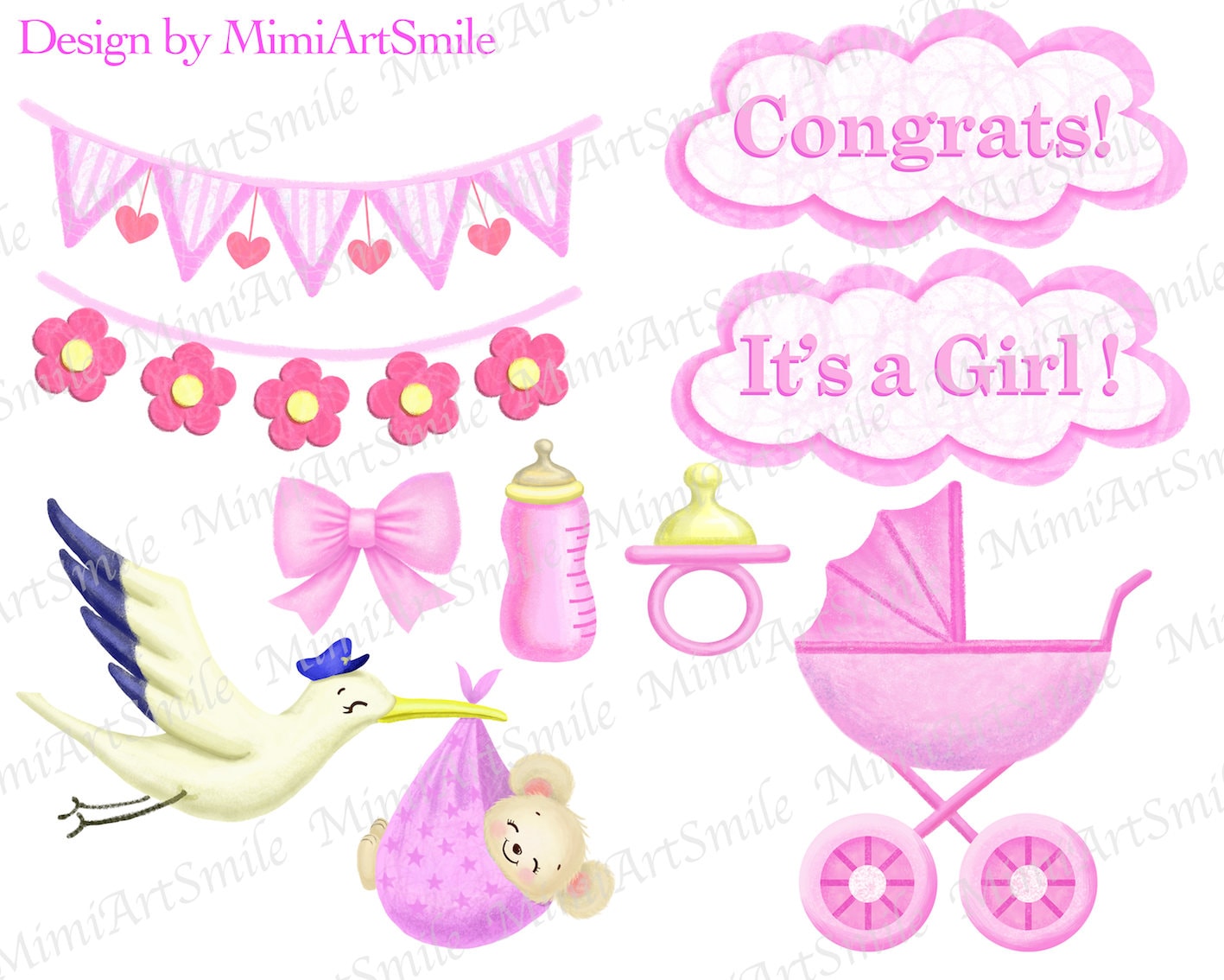 Baby Girl Clipart, Baby Shower Clip Art, Teddy Bear, Stroller, It's a ...