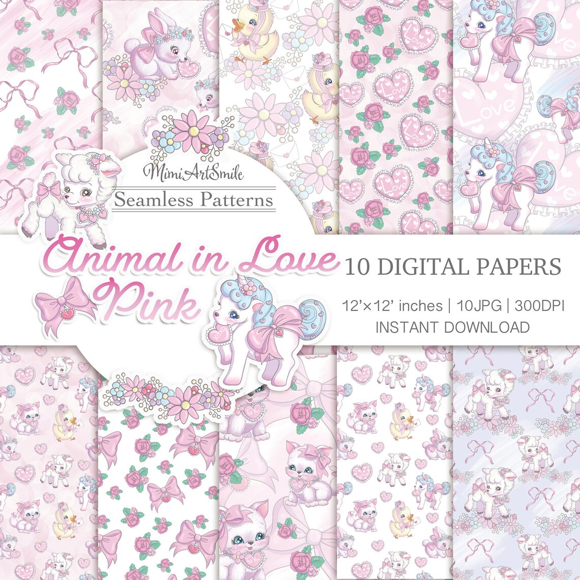 Animal in Love Pink Digital Paper Set, Cute Animals, Valentine's Day ...