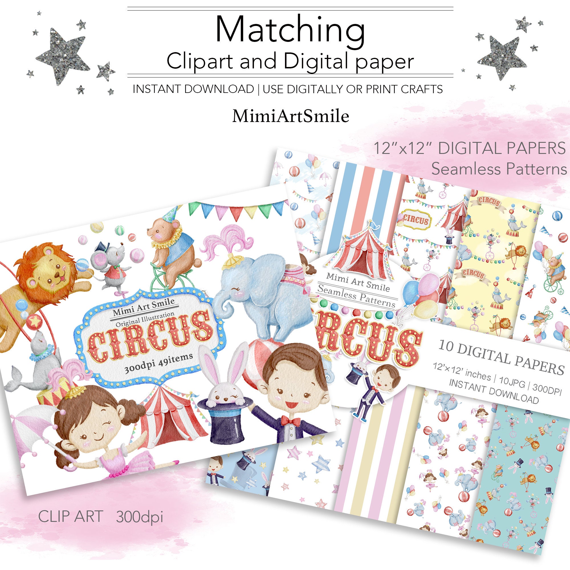Circus Digital Paper | Carnival Seamless Pattern, Cute Watercolor ...