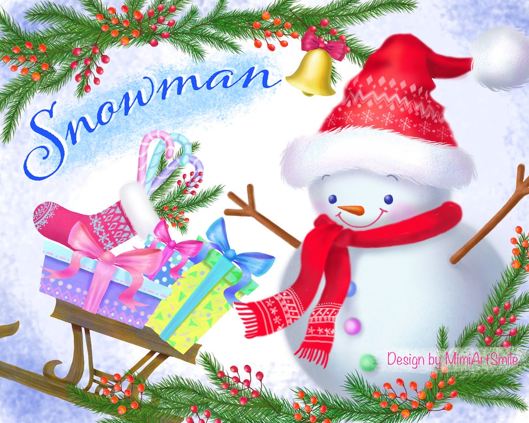 Snowman Clipart, Christmas Clip Art, Present Box, Holiday, Pine Branch ...