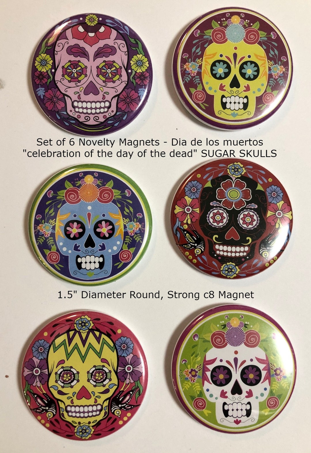 Colorful Set of 6 Sugar Skull Theme NOVELTY MAGNETS 1.5" Diameter - Dia ...