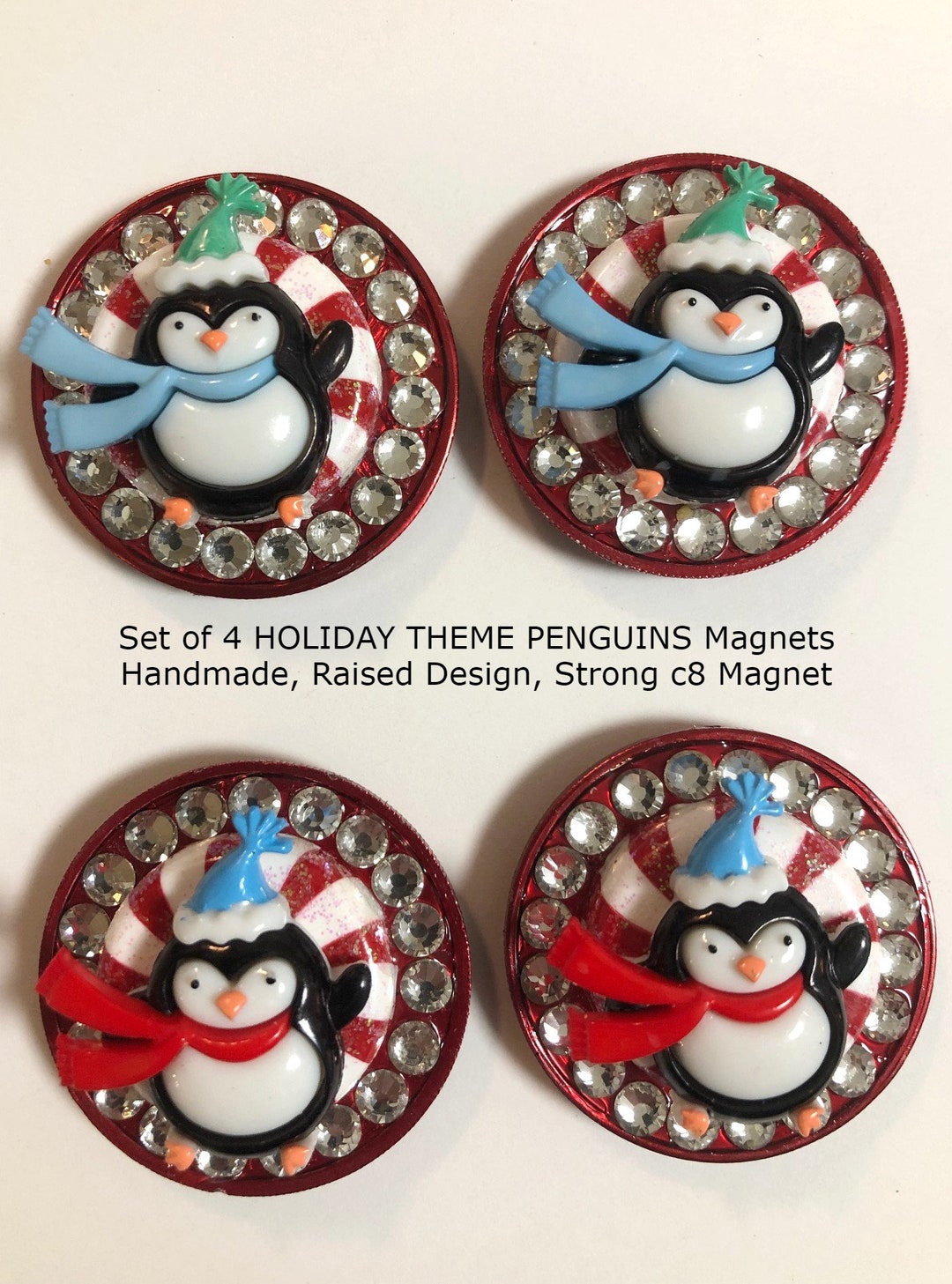 Set of 4 PEPPERMINT Penguins W/crystals Themed Magnets for Kitchen ...