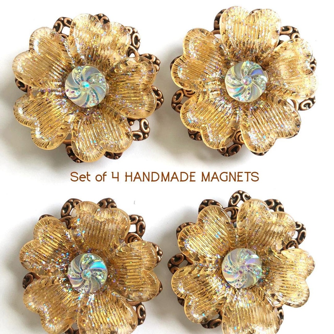OOAK, Set of 4 Amber Flower on Copper Filigree Flower Magnets for ...