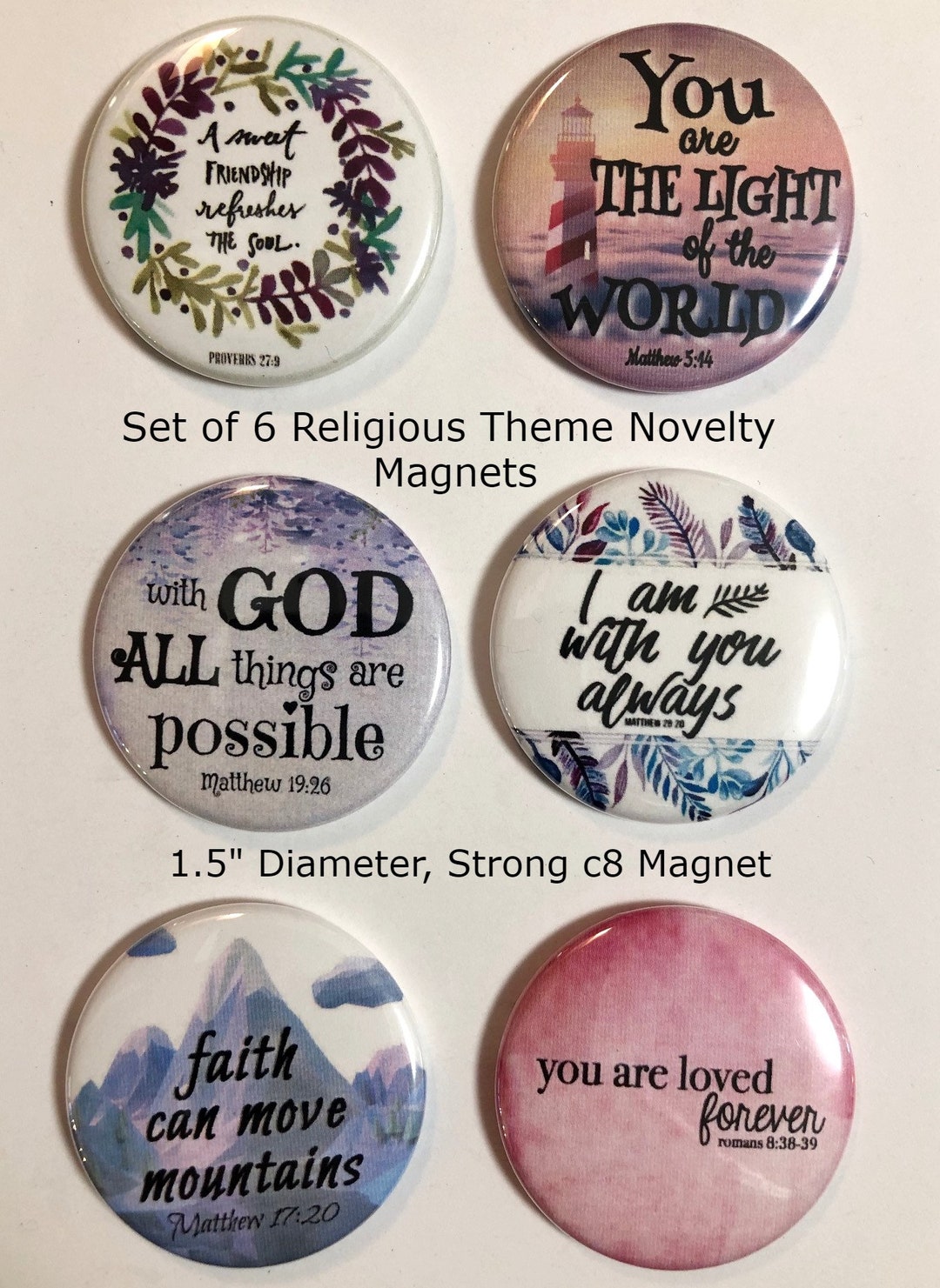 Set of 6 Christian, Religious Theme NOVELTY MAGNETS 1.5 Diameter Colors ...