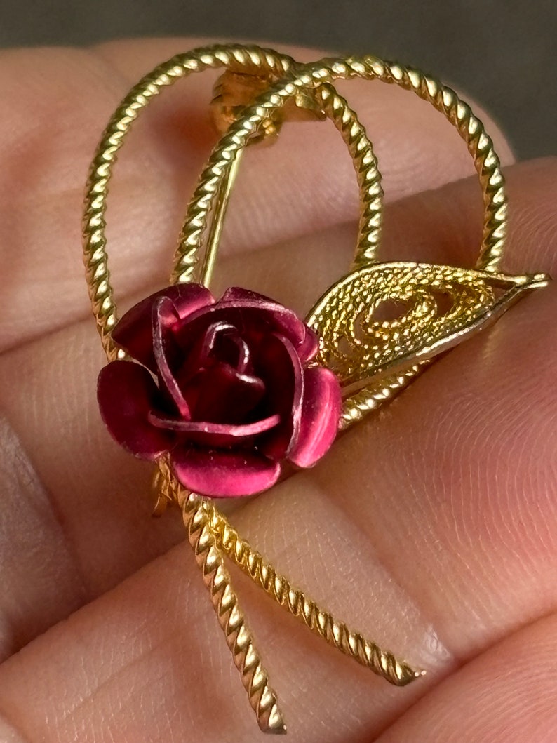 Vintage Enamel Red Rose Brooch Etsy