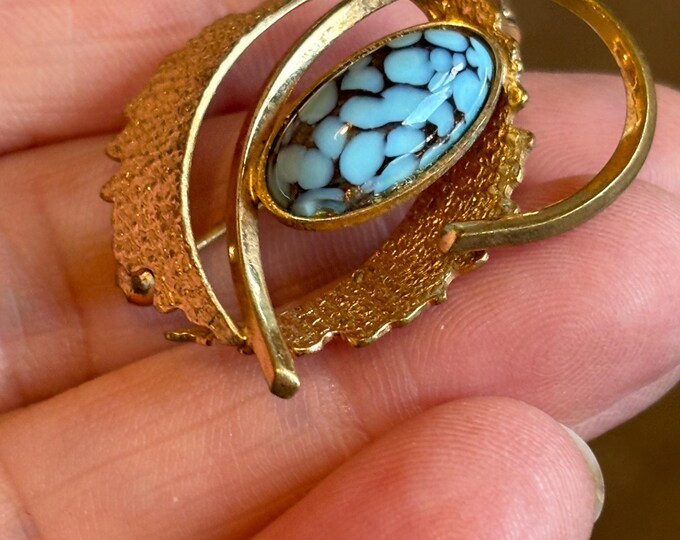 Vintage 60's Turquoise Glass Stones and Faux Pearl Round Brooch Pin ...