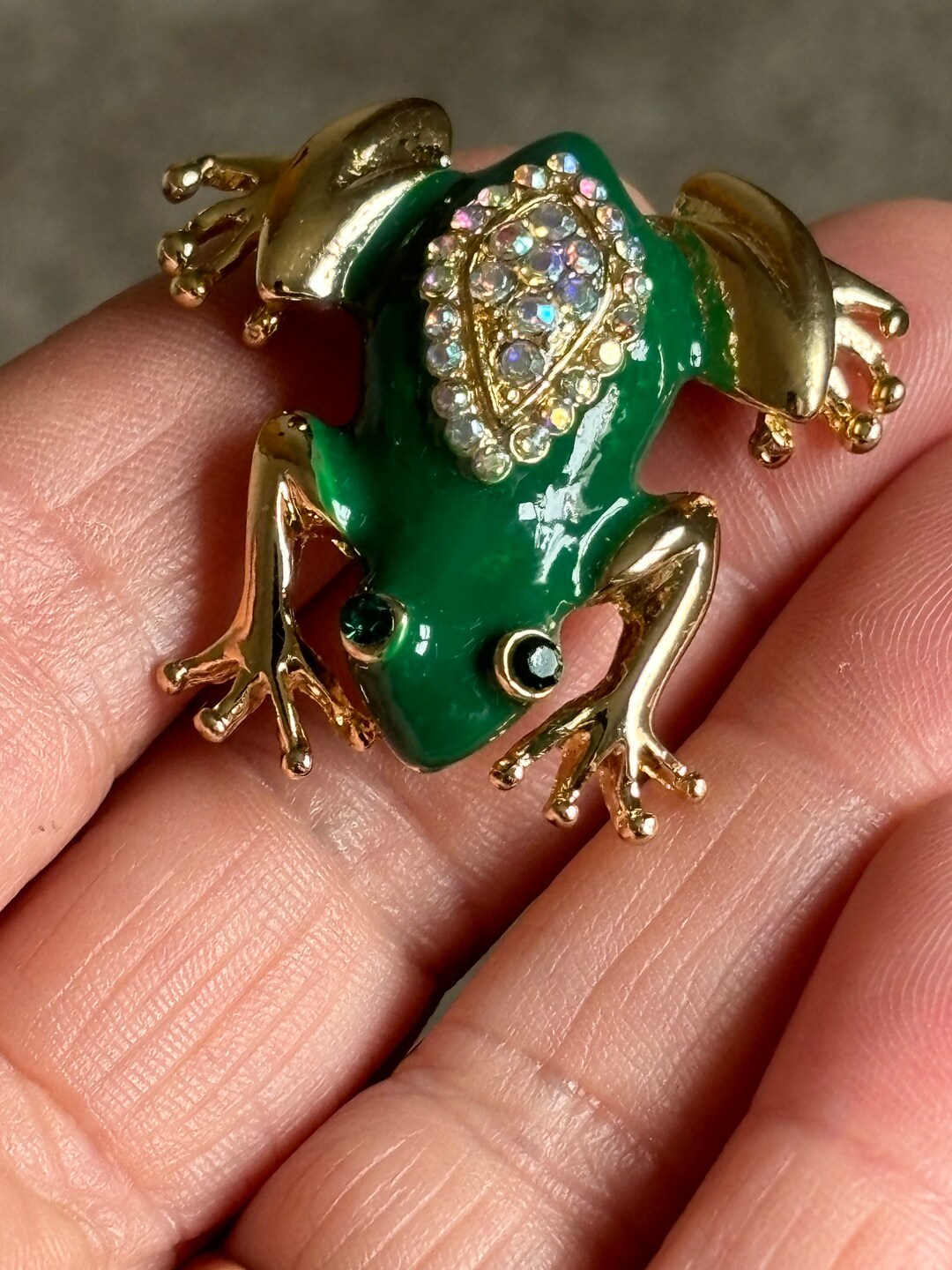 Green Enamel and Crystal Stone Frog Brooch - Etsy