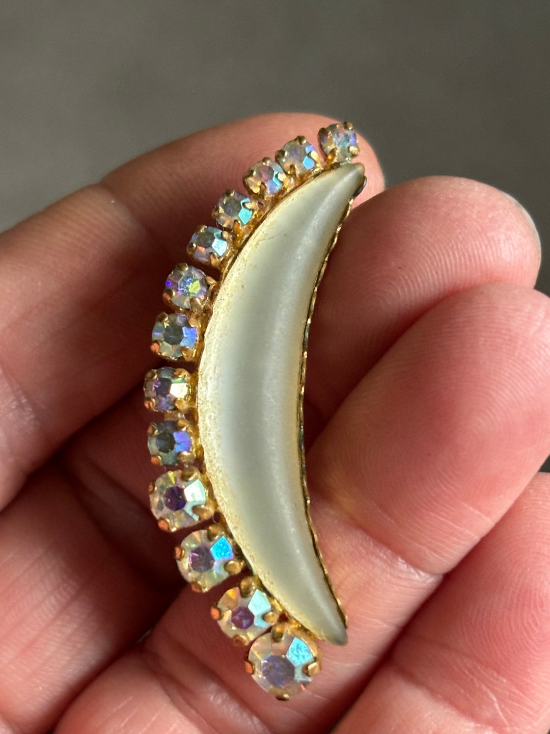 Vintage Moon Shaped Brooch Satin Glass and Crystal - Etsy