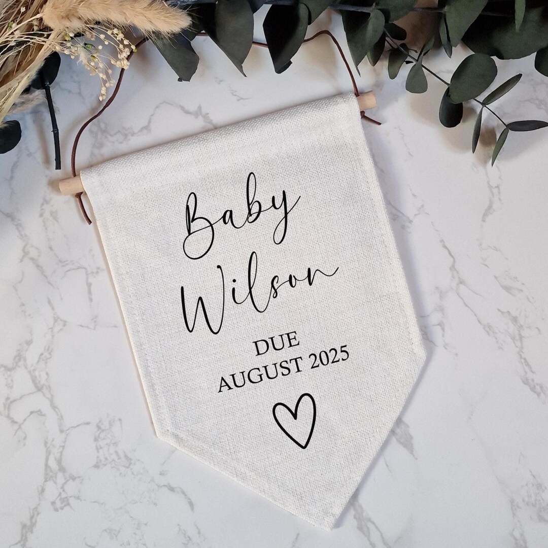 Personalised Pregnancy Announcement Linen Pennant Flag: Baby Due Date ...