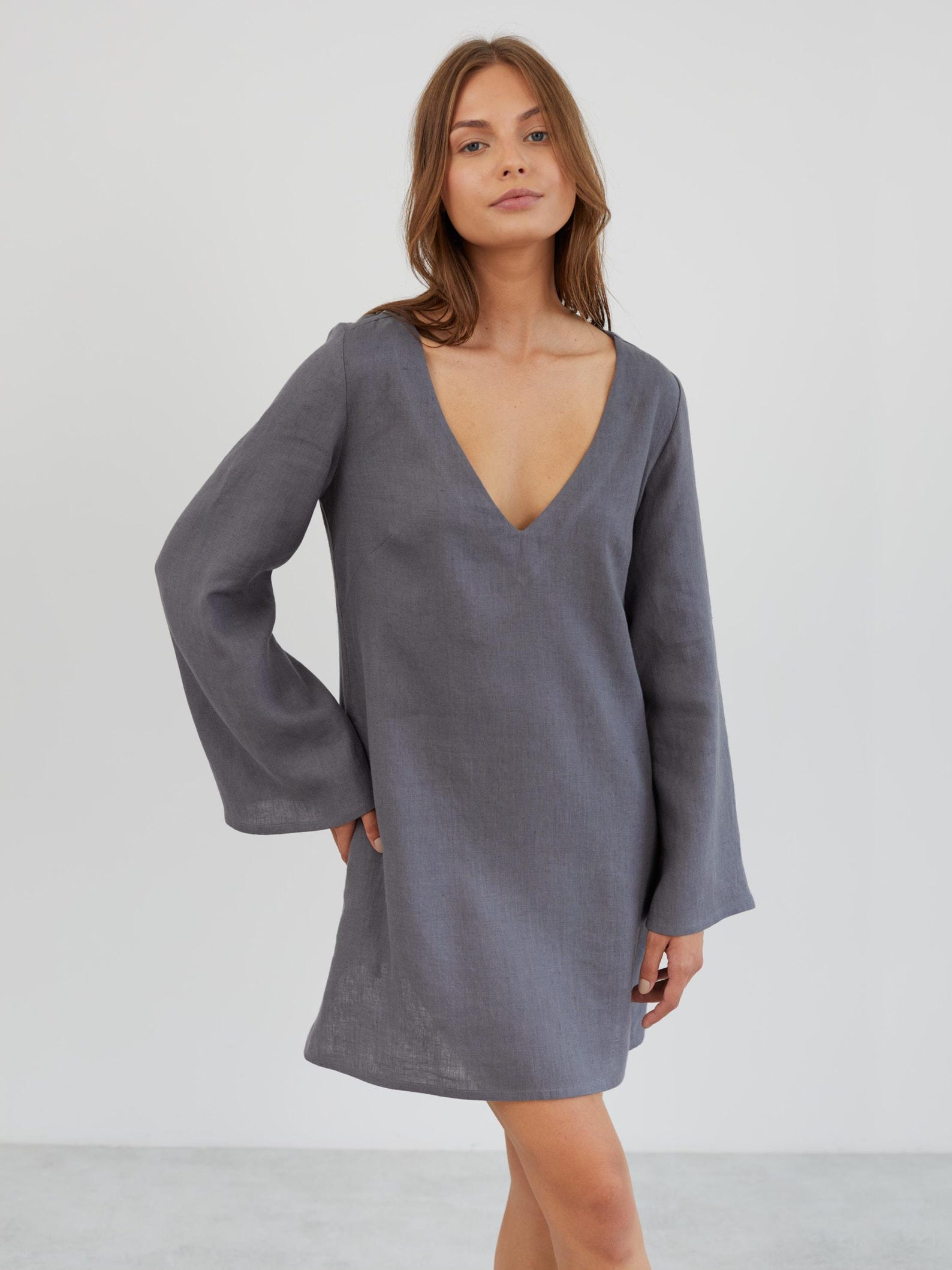 Bell Sleeve Linen Mini Dress, 70s Inspired Tunic | UMA - Etsy