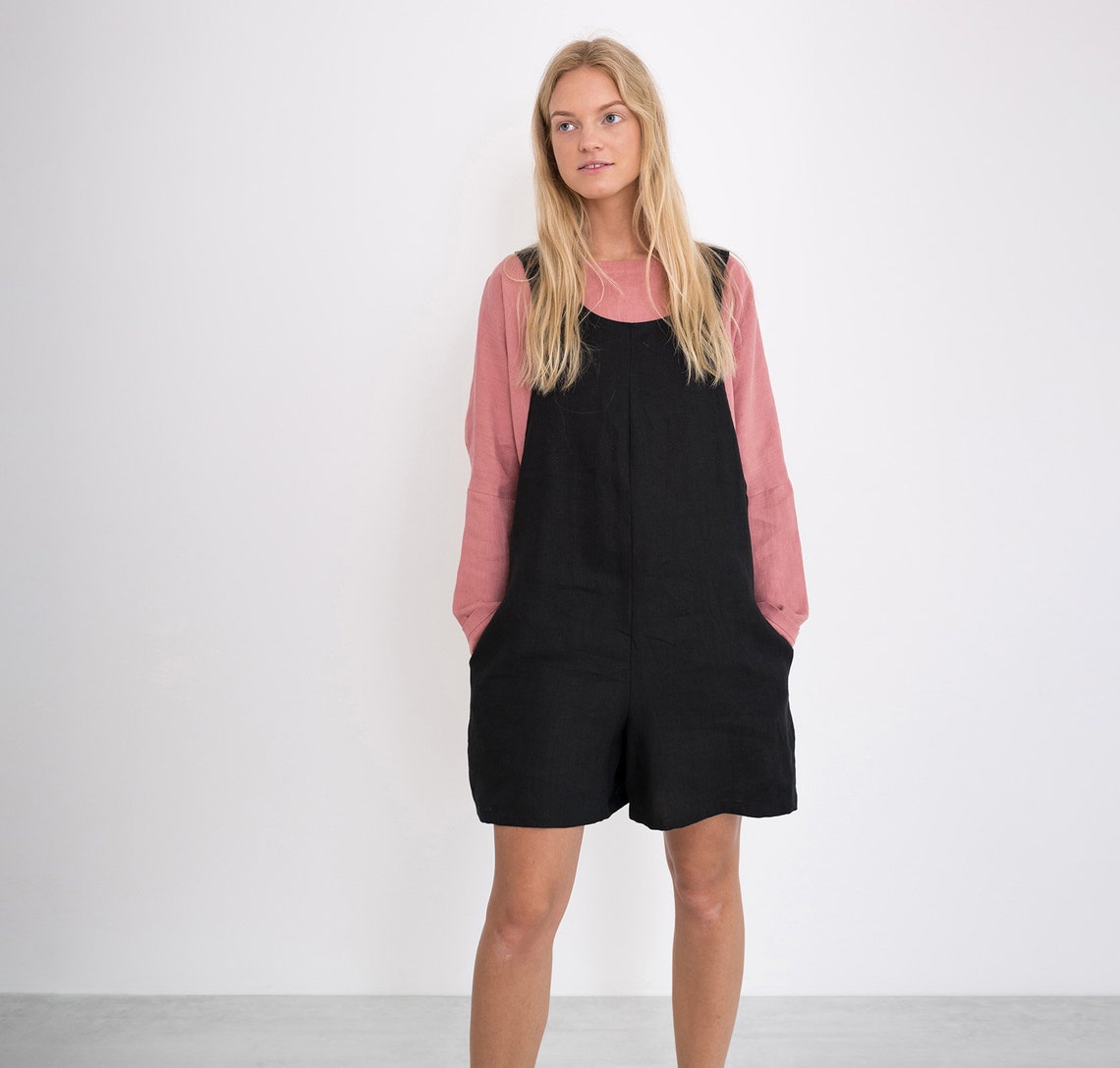 RIVER Linen Overalls Short Black / Linen Jumpsuit / Linen | Etsy