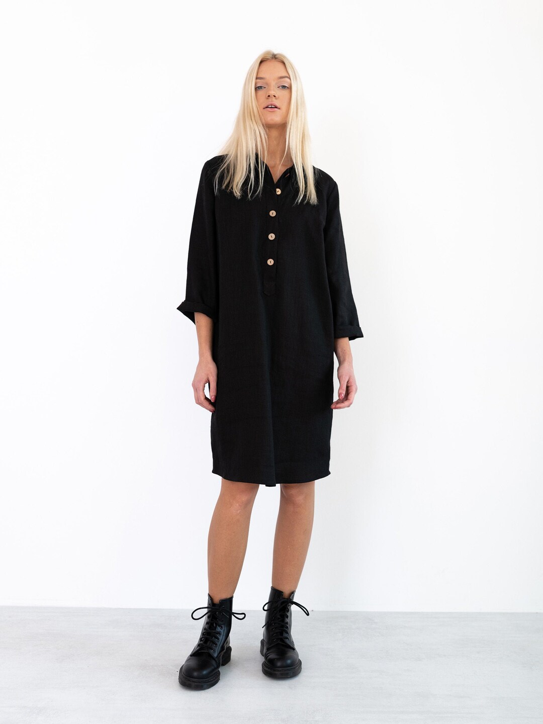 Black Linen Tunic Dress, Collared Knee Length, Long Sleeve | GIANNA - Etsy