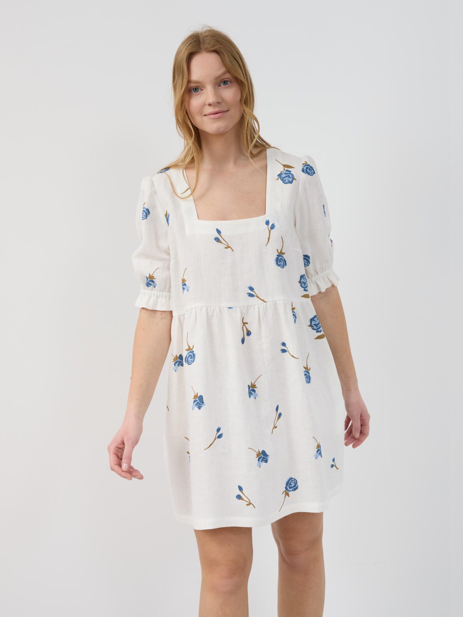 Roses Print Linen Babydoll Dress, Puff Sleeve Mini Dress, FIONA - Etsy