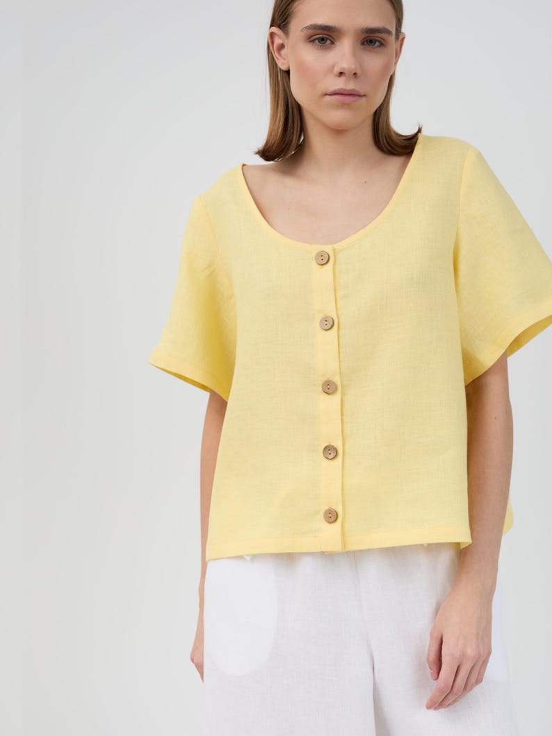 Linen Button up Blouse With Short Sleeves JEMMA in Butter Yellow ...