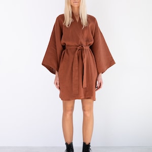 ATHENA Linen Wrap Dress / Rust Linen Kimono Dress / Linen | Etsy