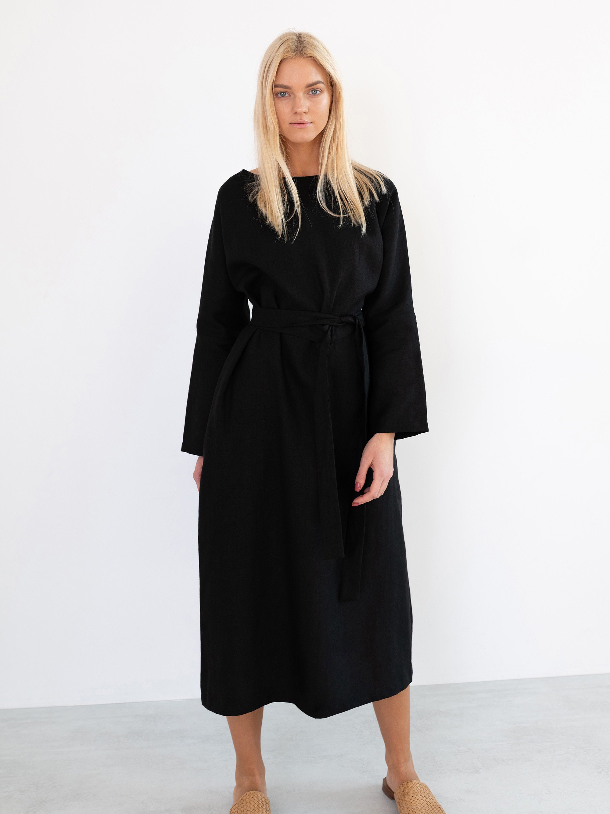 DAWN Linen Maxi Dress / Black Dress With Belt | Etsy