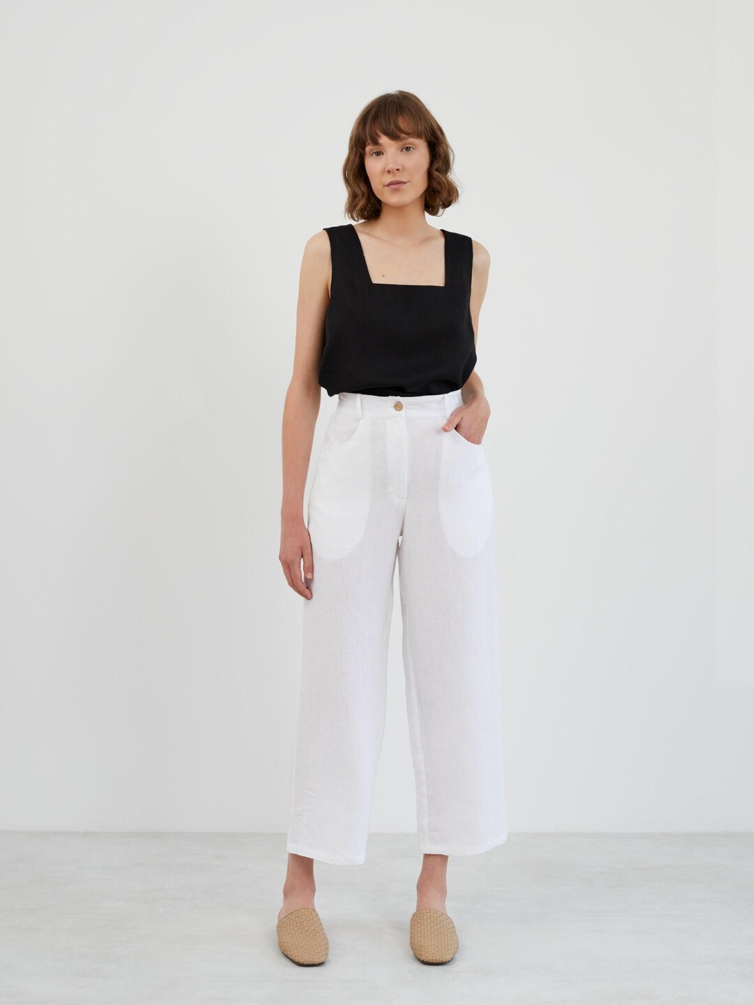 High-waisted Tapered Leg Linen Pants SARAH | Elastic Waist Summer ...
