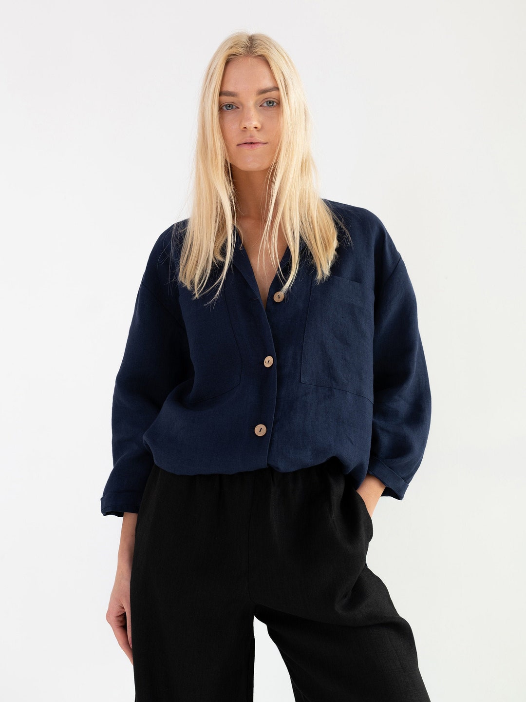 ROSEMARY Linen Shirt Navy Blue / Linen Jacket - Etsy