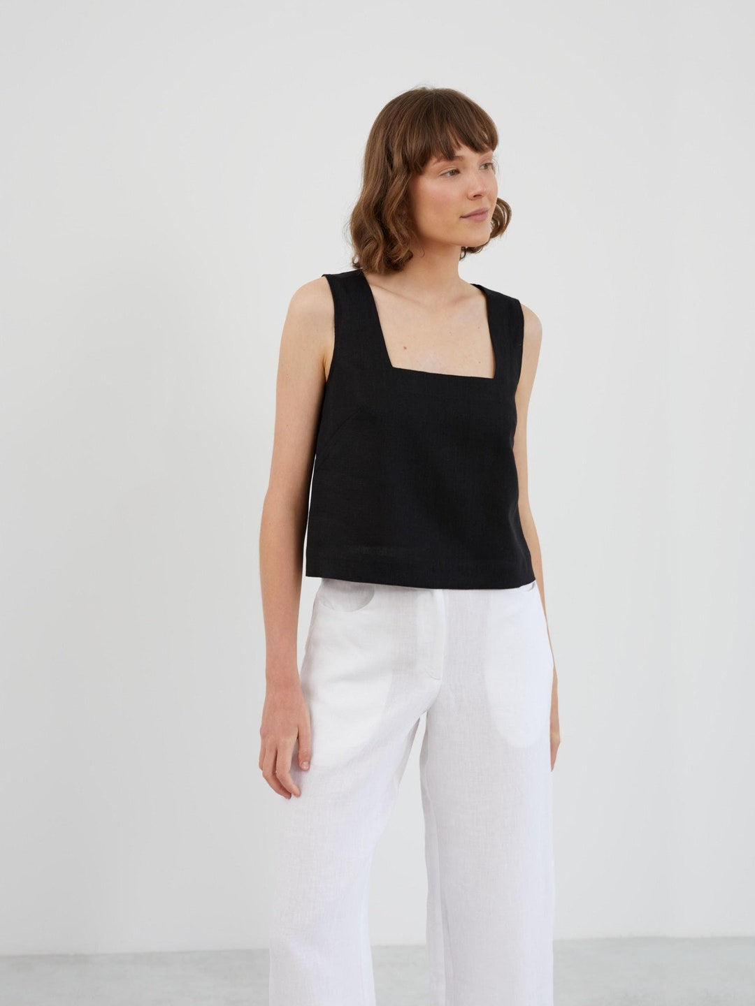 Black Square Neck Linen Tank Top RAE | Breathable Summer Casual Tee for ...