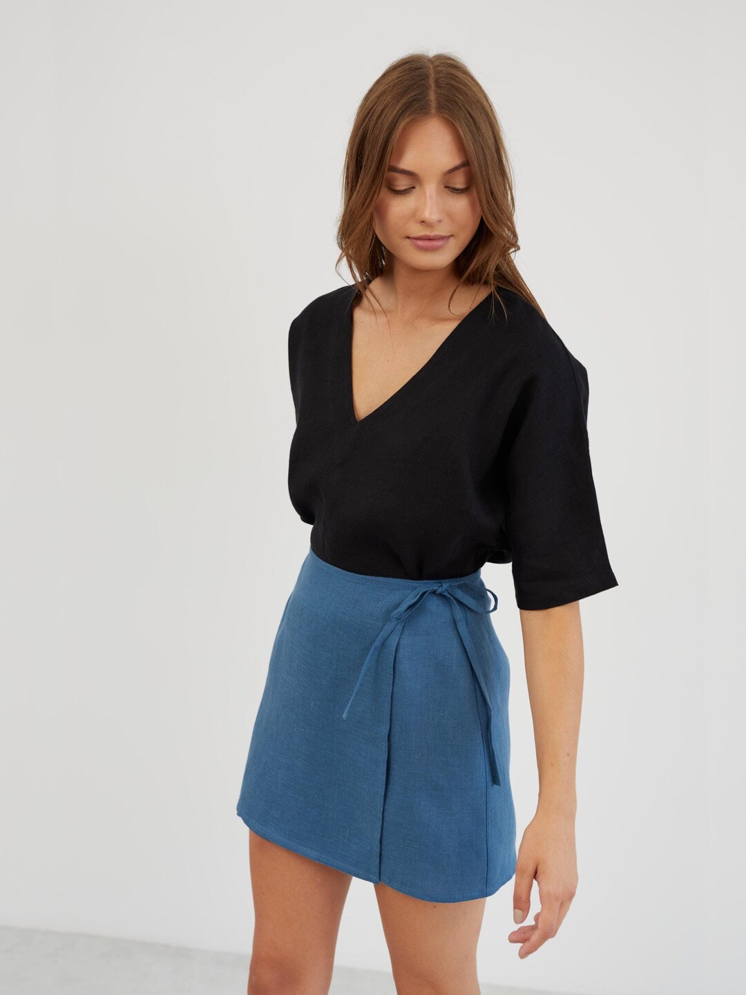 Blue Linen Mini Wrap Skirt, Adjustable Fit | ANNALISE - Etsy
