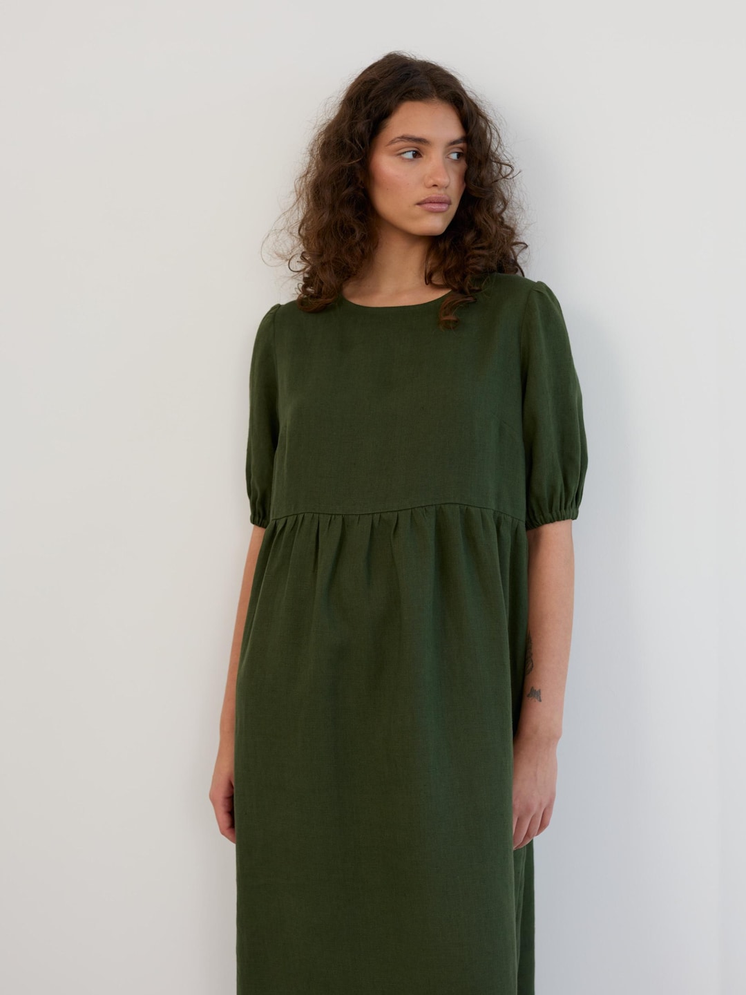 Green Linen Midi Dress ESME / Puff Sleeve Linen Dress / Linen Empire ...