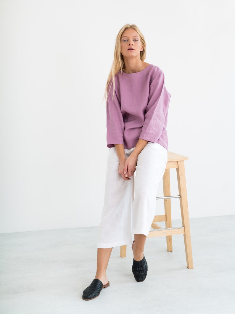 STELLA Simple Linen Top / Loose Linen Shirt / Linen Blouse / | Etsy