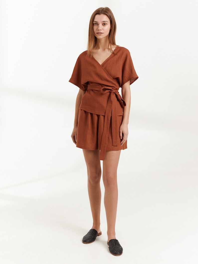 EVIE Linen Wrap Top in Rust - Etsy