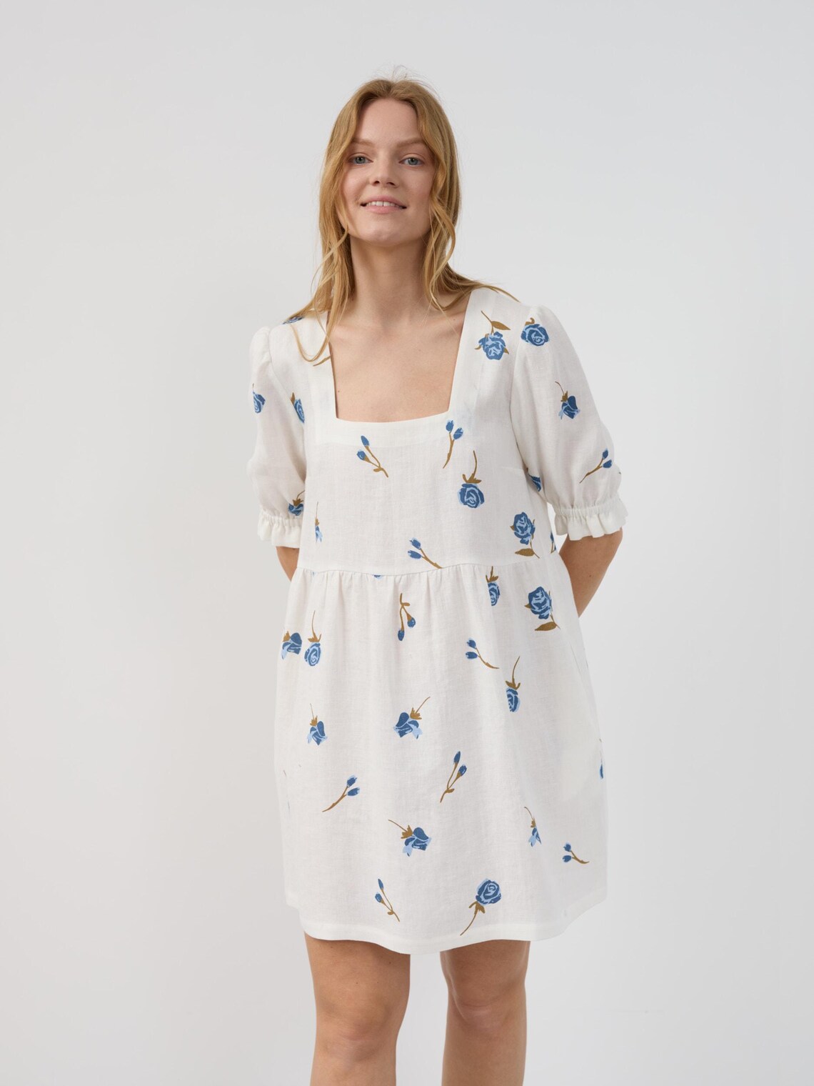 Roses Print Linen Babydoll Dress, Puff Sleeve Mini Dress, FIONA - Etsy