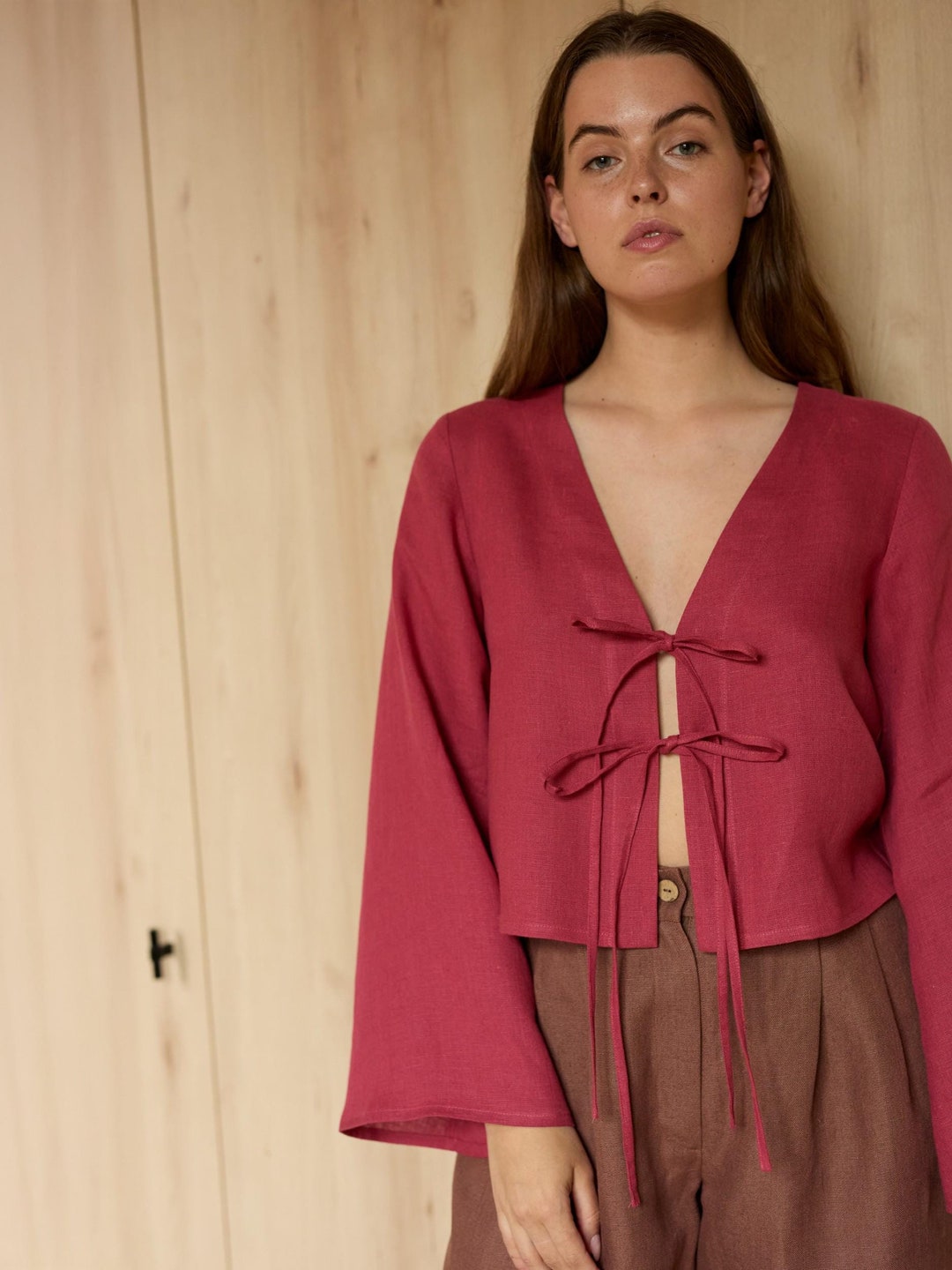 Cropped Linen Top, Tie Front Blouse, Bell Sleeves, CASSIDY, Red Linen ...