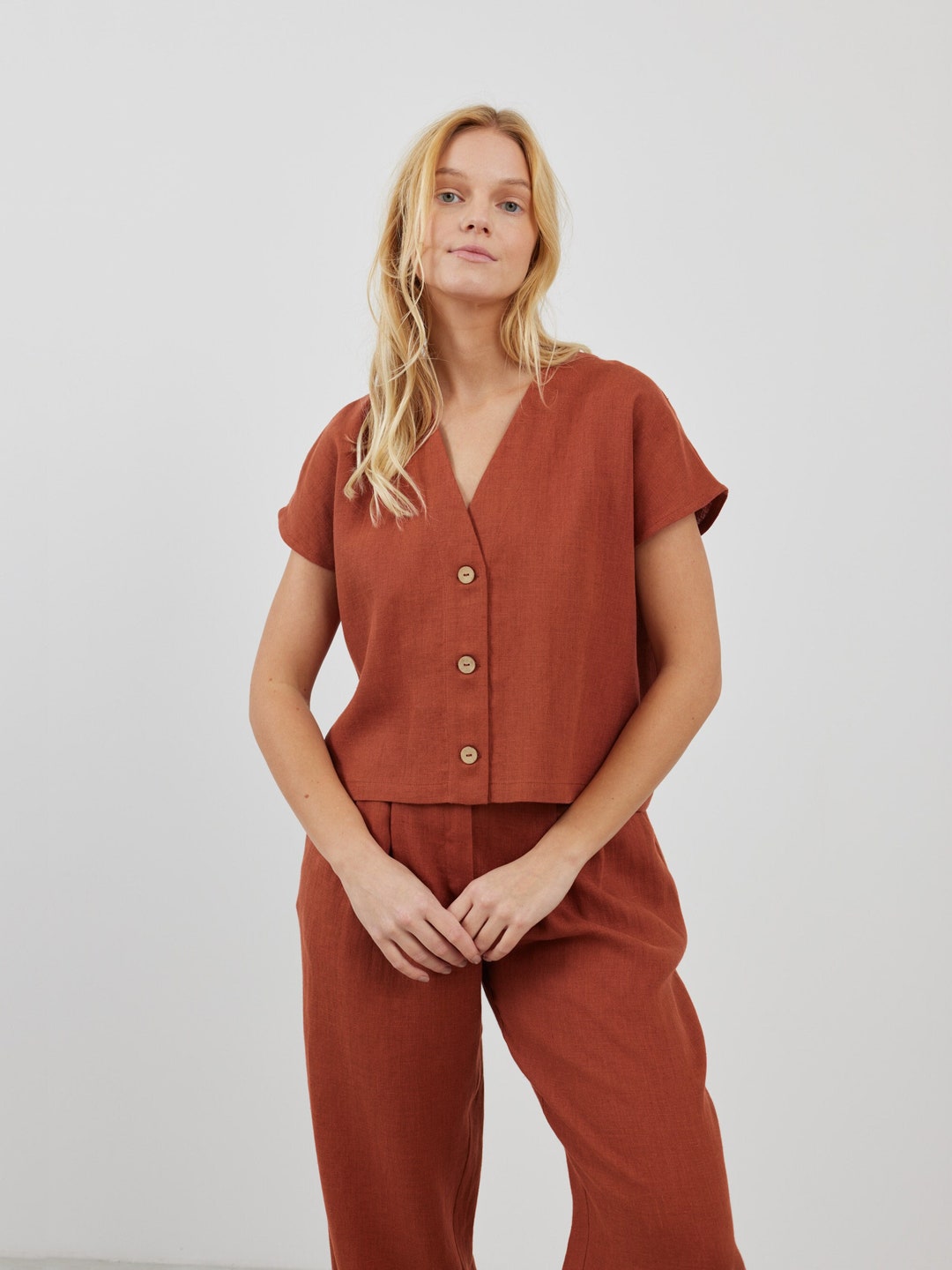 Linen Front Button Top LYLA / Linen Short Sleeve Shirt / Handmade ...