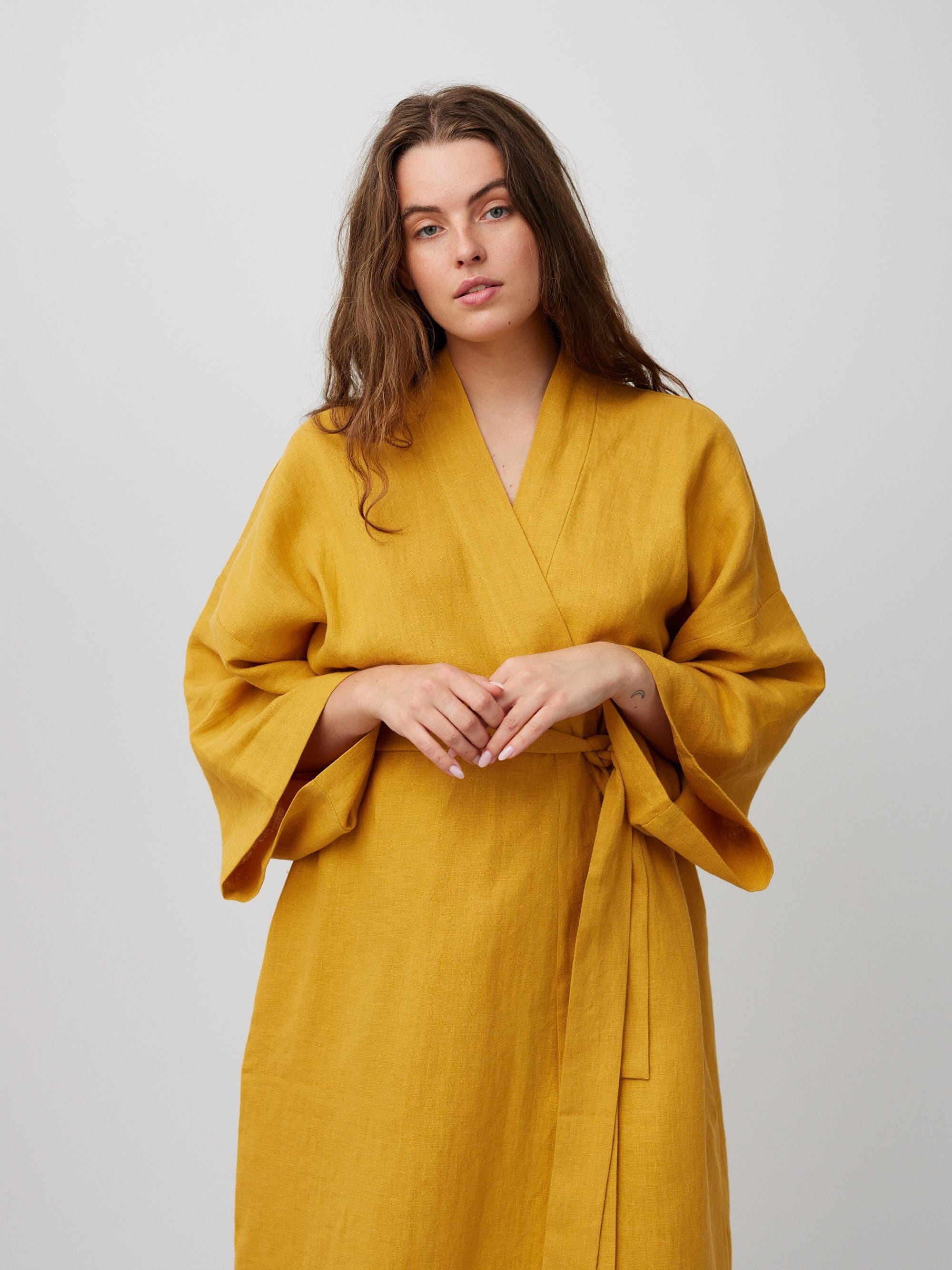 Linen Wrap Dress, Mustard Kimono Robe, Fall Occasion, Handmade | ATHENA ...