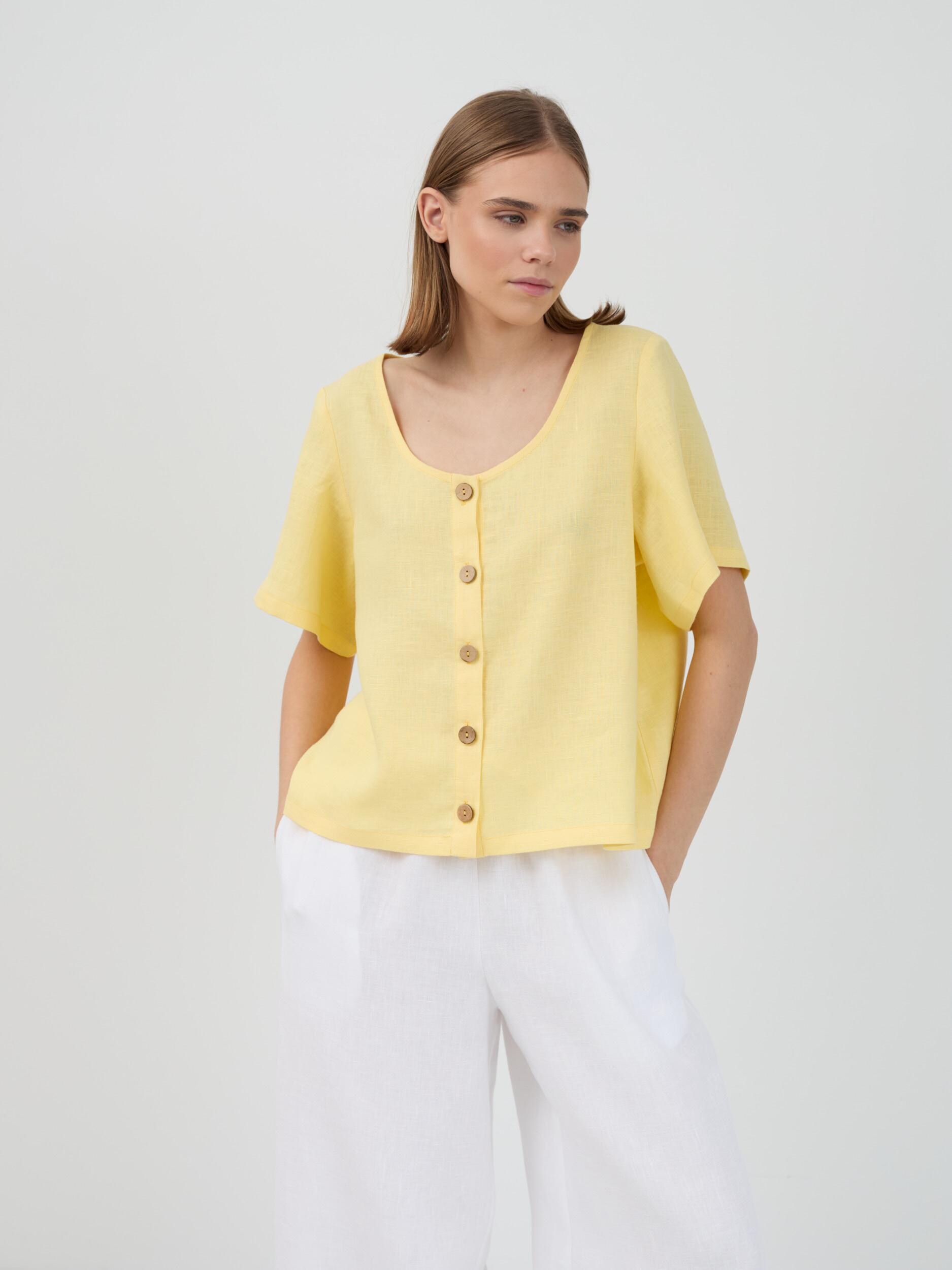 Linen Button up Blouse With Short Sleeves JEMMA in Butter Yellow ...