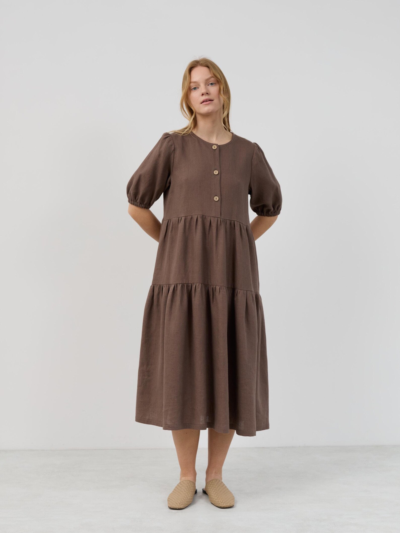 Puff Sleeve Linen Dress ARI, Tiered Midi Dress, Handmade Clothing for ...