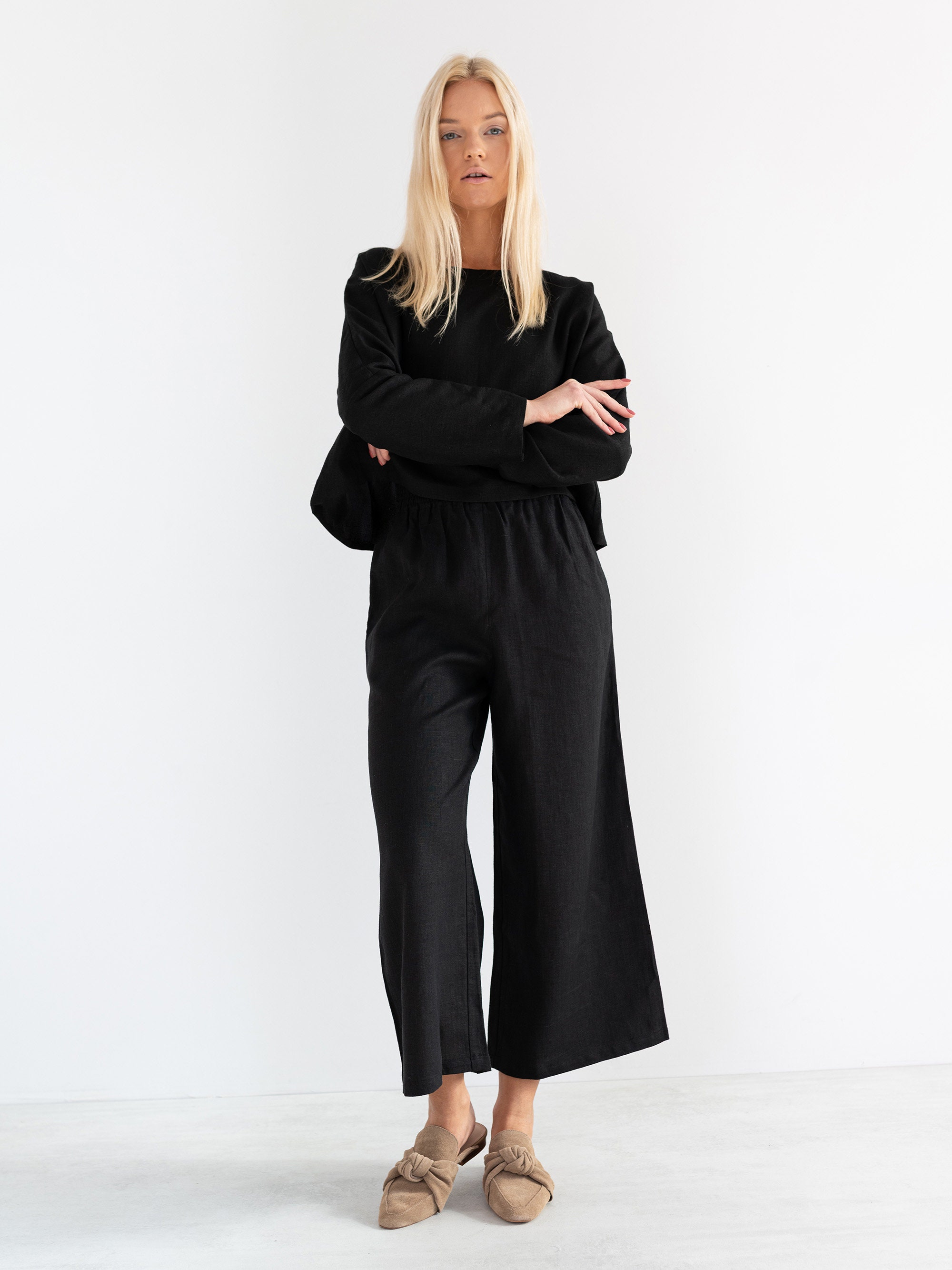 RILEY Linen Pants for Women / Black Wide Leg Linen Trousers - Etsy