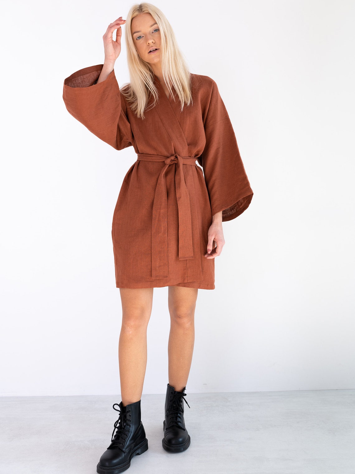 ATHENA Linen Wrap Dress / Rust Linen Kimono Dress / Linen - Etsy Canada
