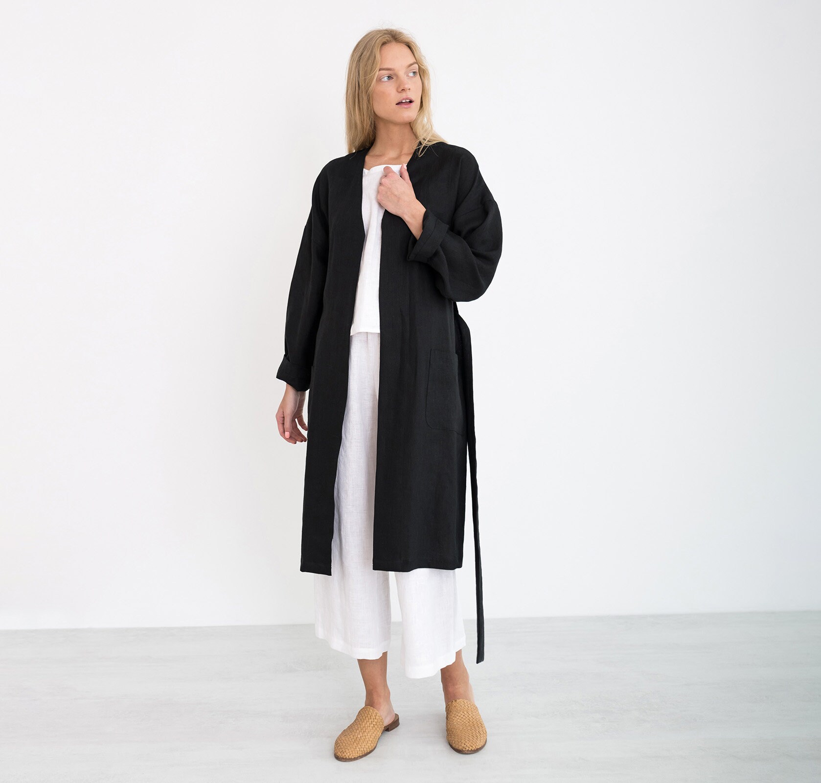 Black Linen Coat, Handmade Long Blazer With Belt | NORA - Etsy