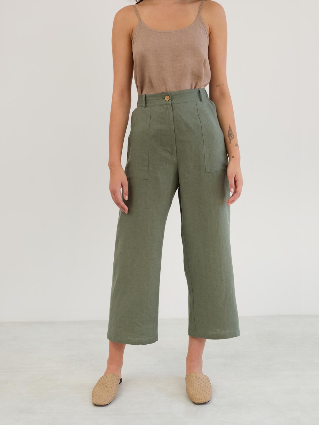 Linen Cropped Pants, High-waisted Wide-leg Capri, Handmade | OCEAN - Etsy