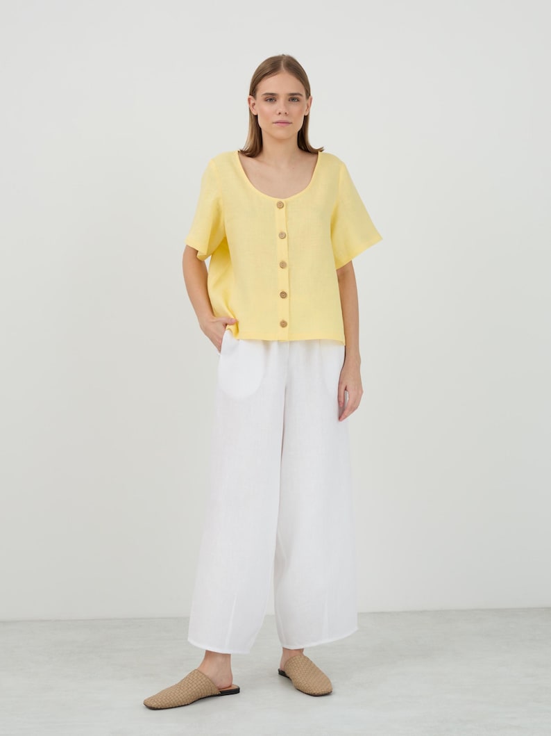 Linen Button up Blouse With Short Sleeves JEMMA in Butter Yellow ...