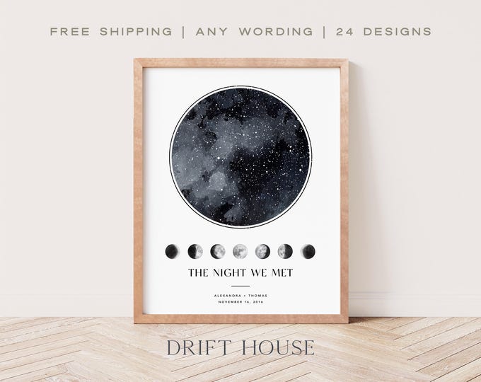 Custom Star Map and Moon Phase, Lunar Art Print, Star Map by Date and ...