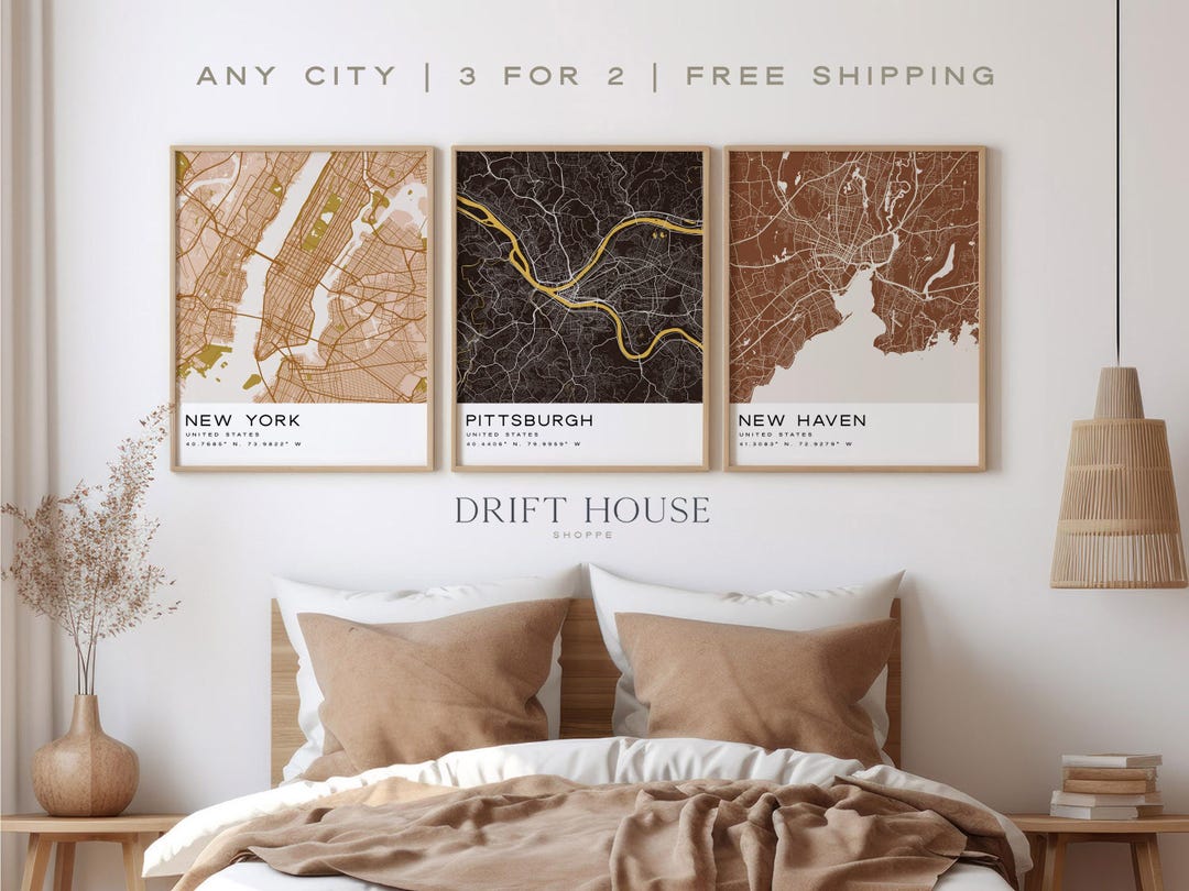 Set of 3 Custom City Maps, Any City, Office Wall Art, Custom City Map ...