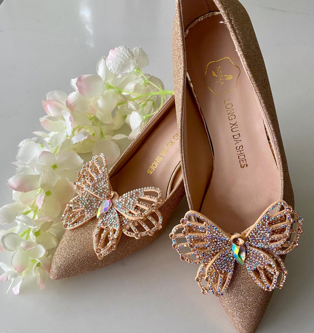 Crystal Butterfly Shoe Clips in Gold or Silver Setting Wedding Bridal ...
